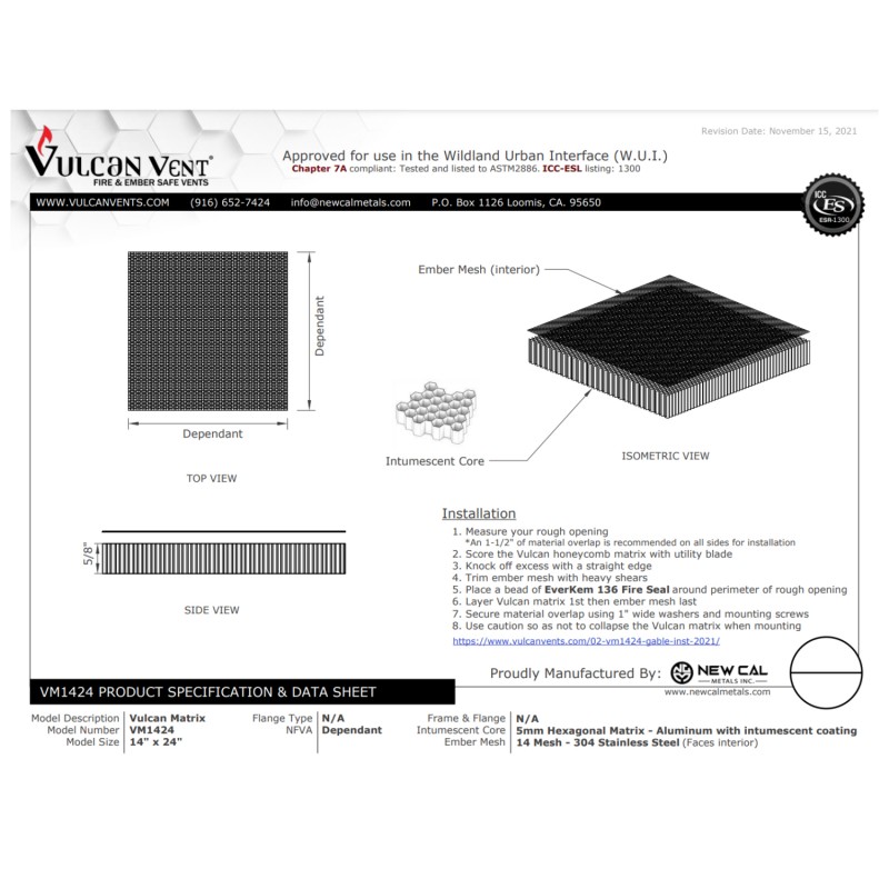 13.5x24" Vulcan Vent Fire and Ember Safe Honeycomb Matrix (VM1424)