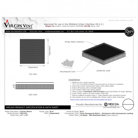 13.5x24" Vulcan Vent Fire and Ember Safe Honeycomb Matrix (VM1424)